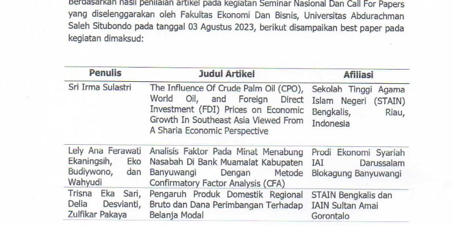 Tahniah! Dua Mahasiswa STAIN Bengkalis Terpilih Sebagai Best Paper pada Seminar Nasional dan ...
